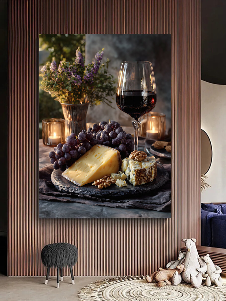 Картина на стену для интерьера - "Натюрморт, вино, закуски к столу" , 30х40 см.