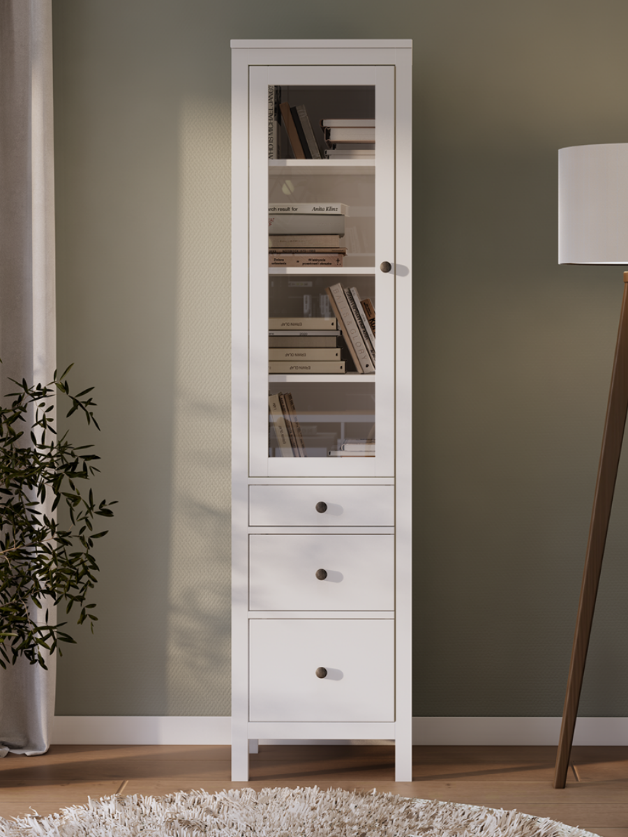 Шкаф-витрина со стеклом Хемнэс Hemnes/ Кымор, 49х198х37, 3 ящика, белый