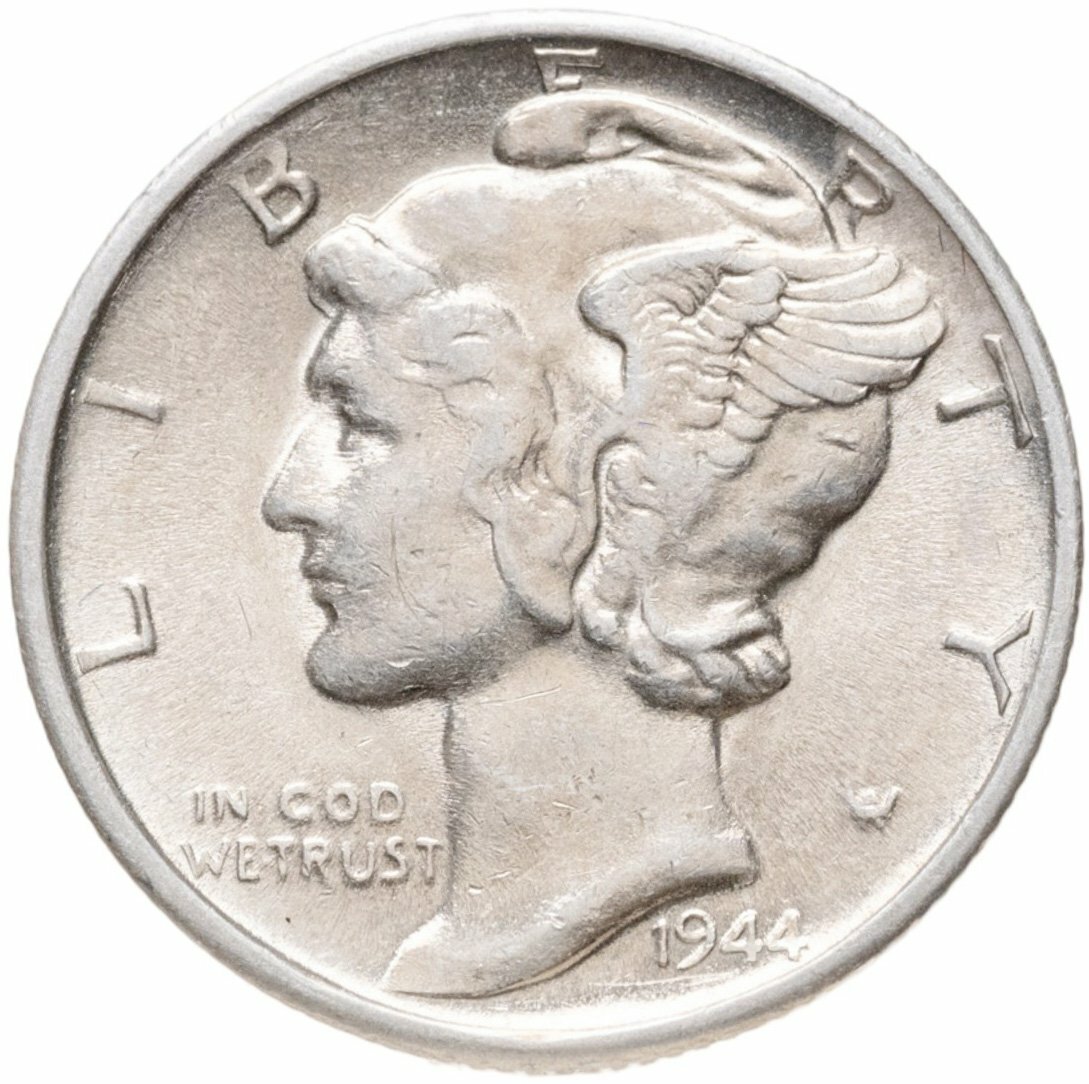 США 1 дайм 10 центов 1944 "Mercury Dime" S, Серебро 900, в сохранности AU