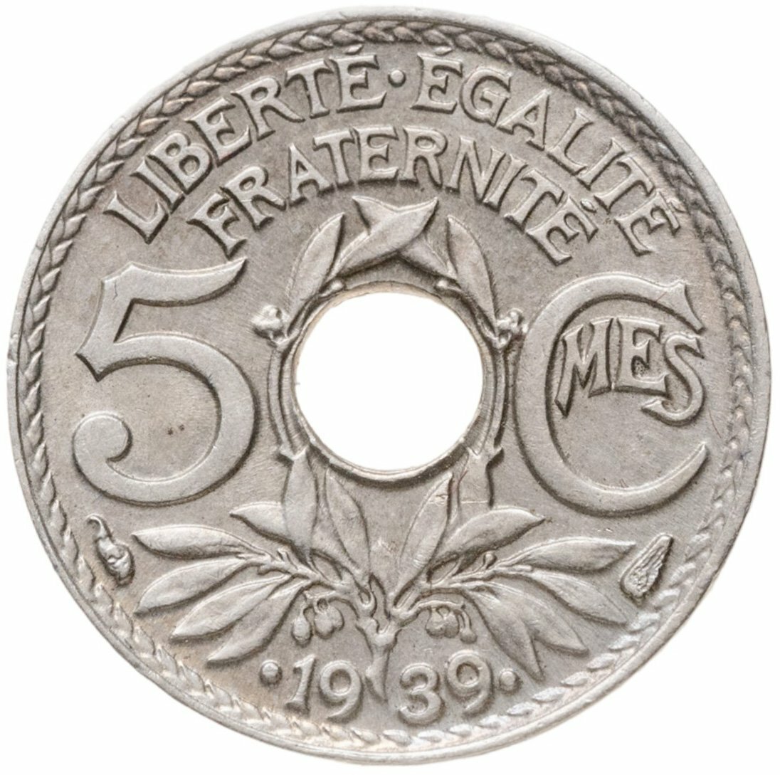 Франция 5 сантимов centimes 1939, Бронза, в сохранности XF-AU