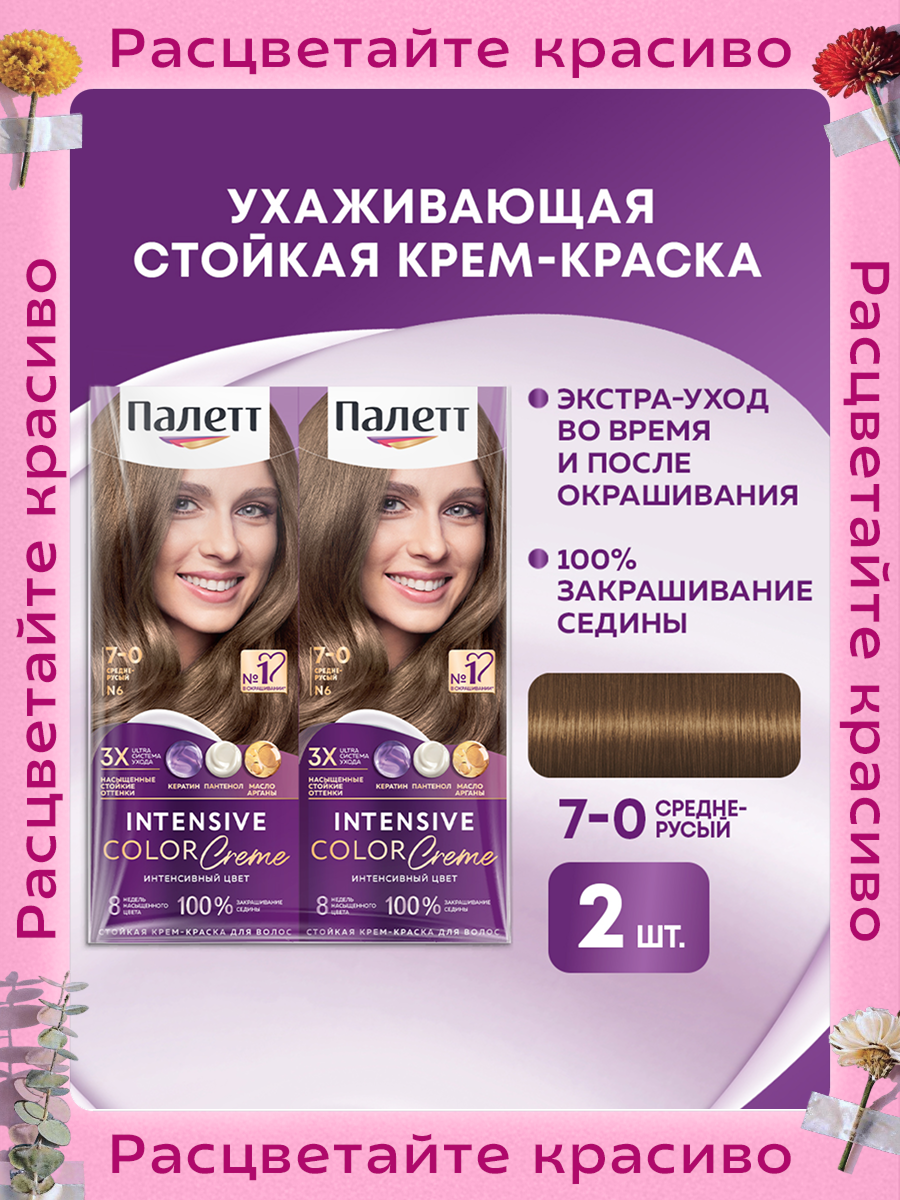 Палетт Набор Стойкая крем-краска для волос Интенсивный цвет 7-0 Средне-русый, 110 мл, 2 шт