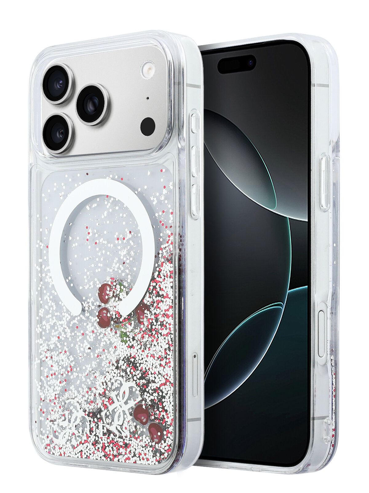 Чехол Guess на iPhone 17 Pro Max, с магнитами MagSafe, Liquid Glitter с жидкими блестками, серебристый