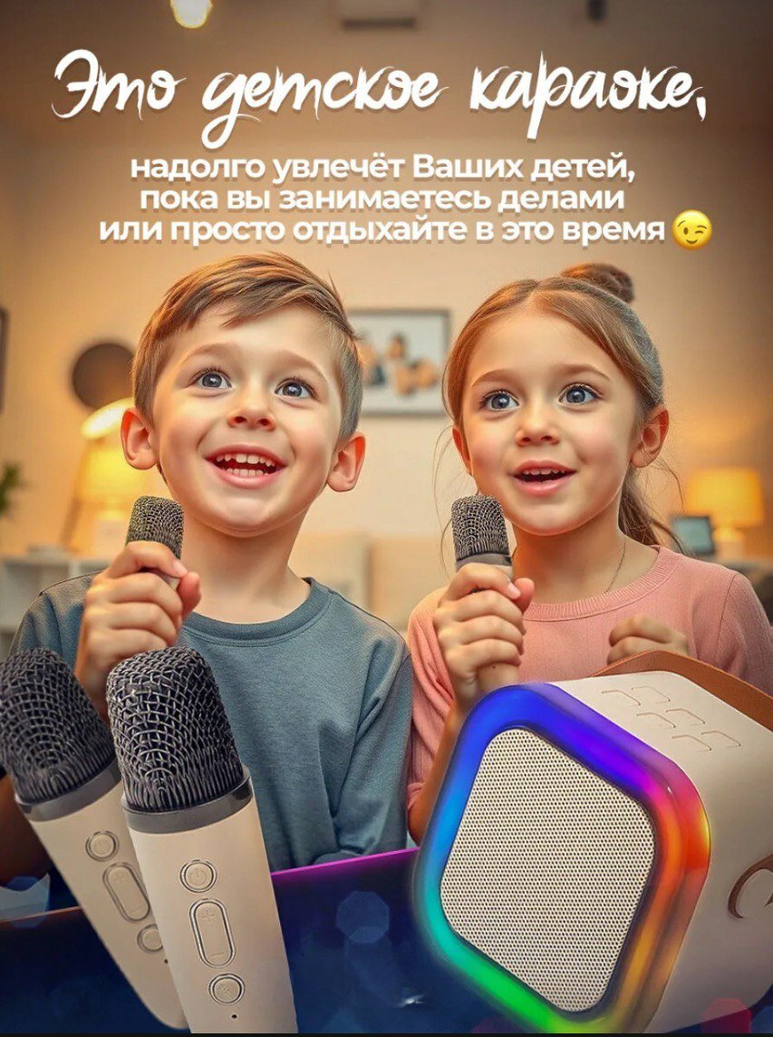Караоке колонка с 2 беспроводными микрофонами, Bluetooth, детская, для дома, подарок детям, с подсветкой