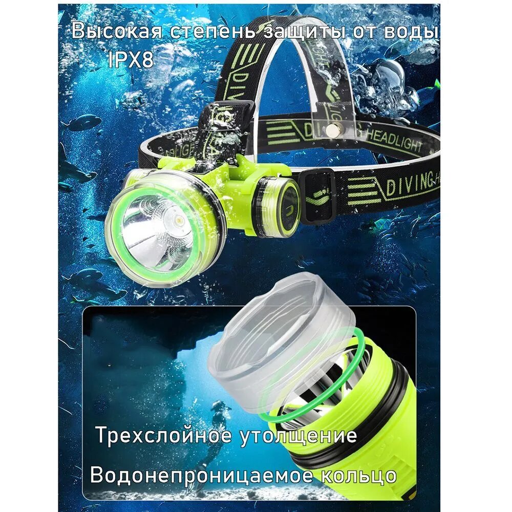 Налобный подводный фонарь светодиодный лазерный IPX8 для дайвинга и подводной съемки, зеленый — фото 1