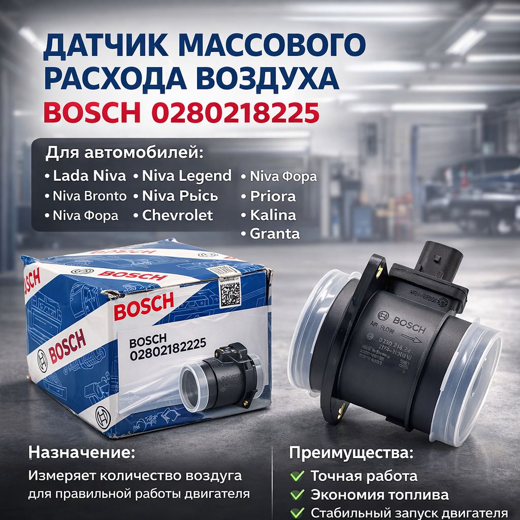 Датчик массового расхода воздуха BOSCH 0280218225 для Lada Niva 4x4, Niva Legend, Bronto, Рысь, Фора, Chevrolet Niva .