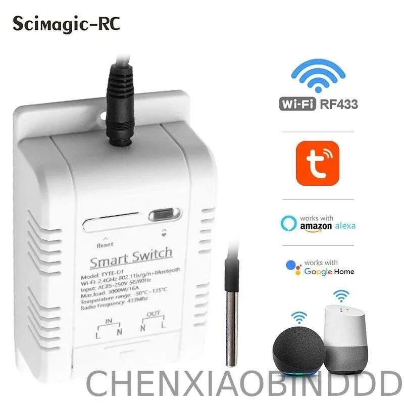 Tuya Умный WiFi+RF433 AC 85-250V 16A реле с датчиком температуры, для умного дома