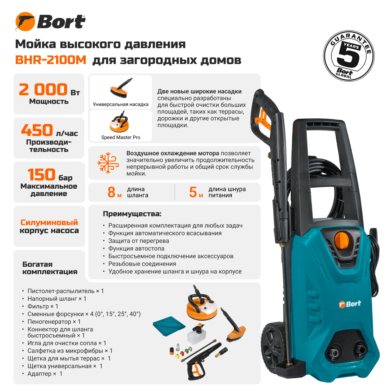 Мойка высокого давления Bort BHR-2100M синий, 2000Вт, 150Бар, 450 л/ч, богатая комплектация