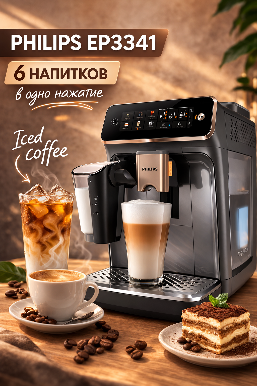 Кофемашина Philips EP3341 Latte Go, со встроенной кофемолкой, для эспрессо/капучино/латте/американо/кофе со льдом