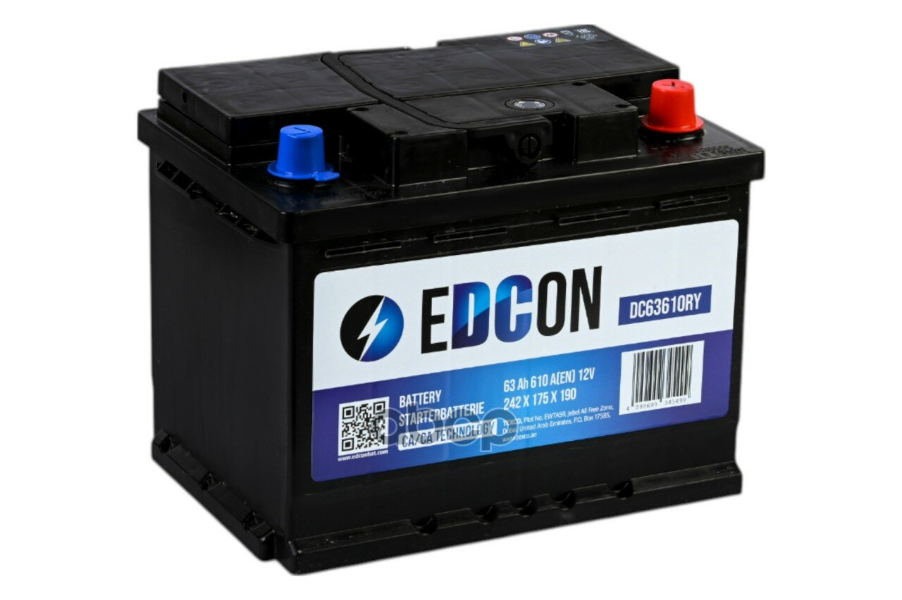 Аккумуляторная батарея! +справа 63Ah 610A 242/175/190 DIN EDCON арт. DC63610RY