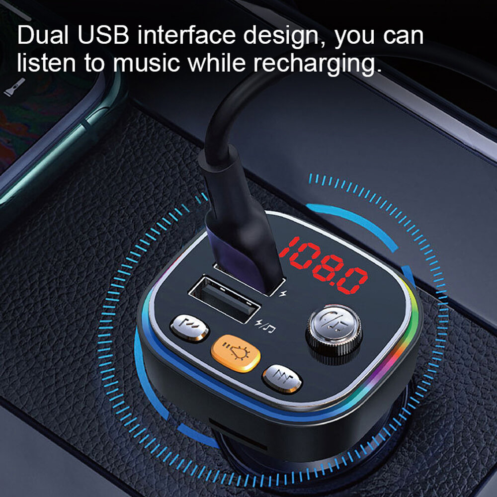 C20 Автомобильный FM-трансмиттер с двумя USB-портами, аудиоплеером, Bluetooth, MP3-плеером, цветной подсветкой и функцией громкой связи для автомобиля