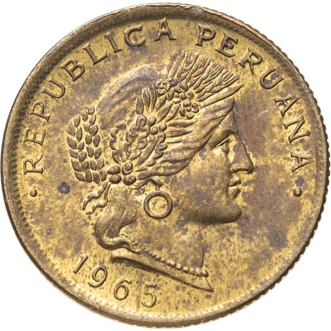 Перу 20 сентаво centavos 1965, Латунь, в сохранности XF-AU