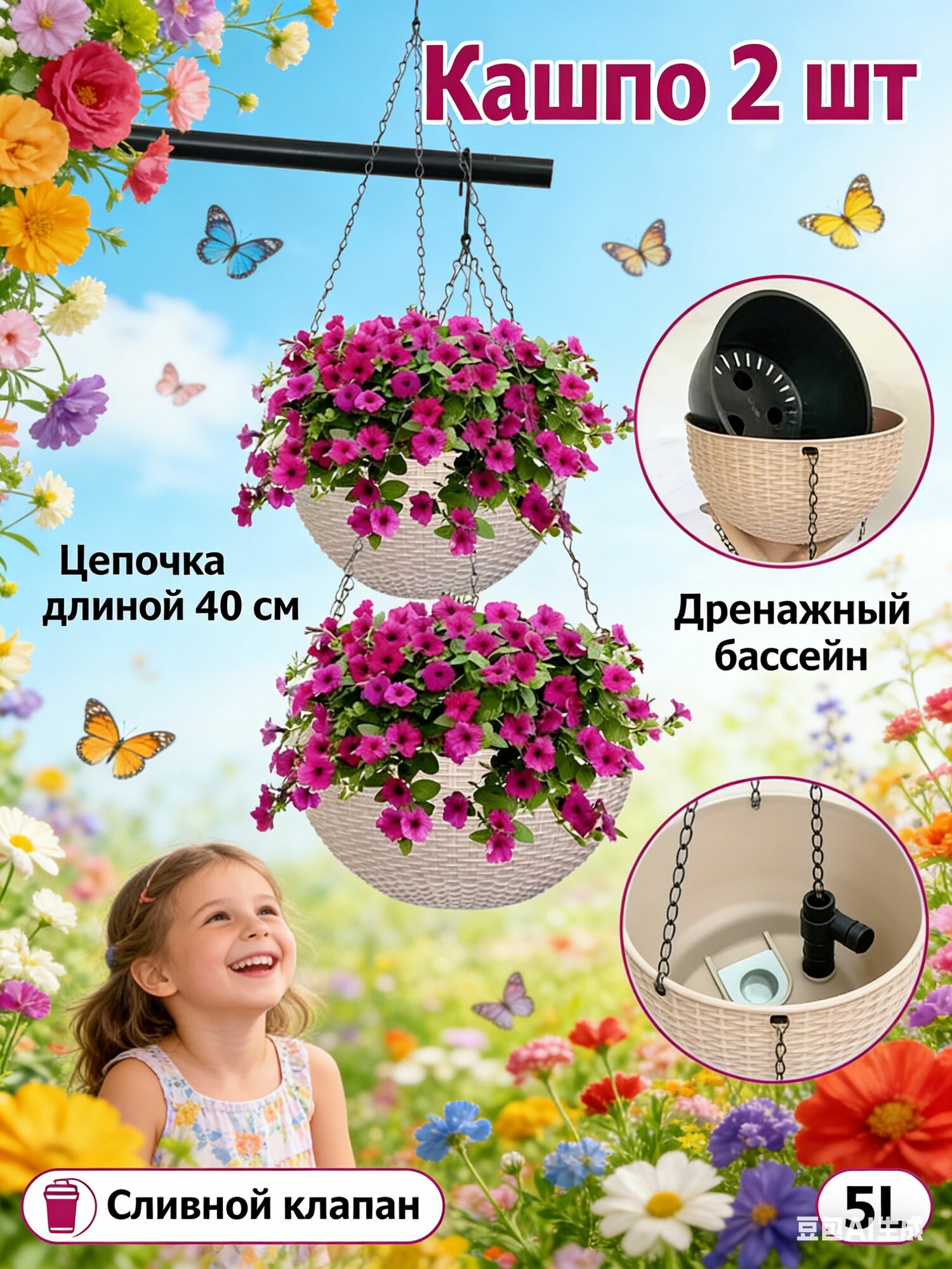 Вазон 5 л, 40 см, 2 шт, цвет темно-зеленый