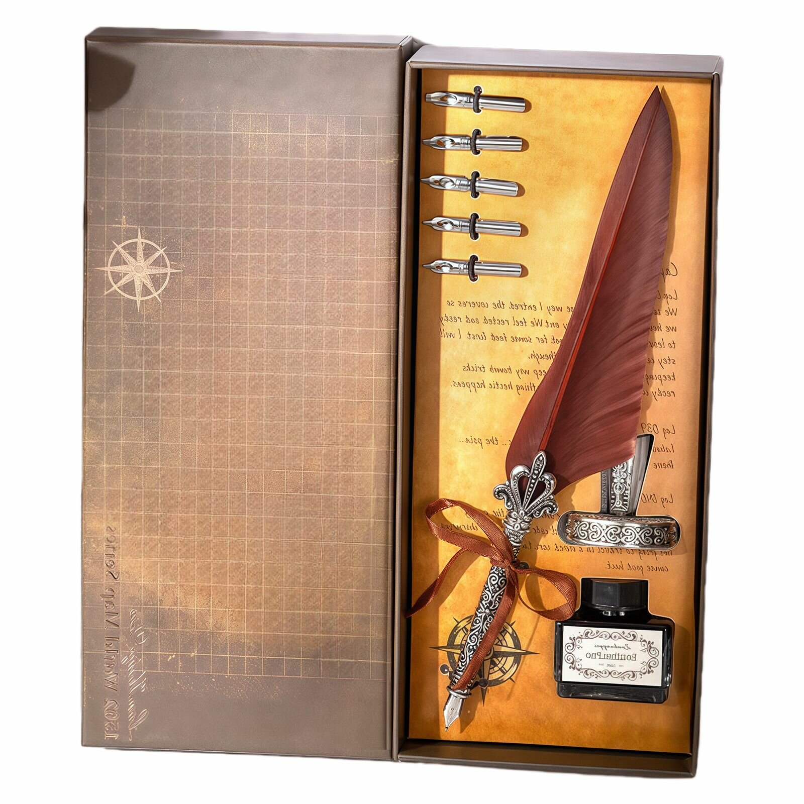 Антикварное перо с 5 сменными наконечниками и чернильницей для коллекционеров