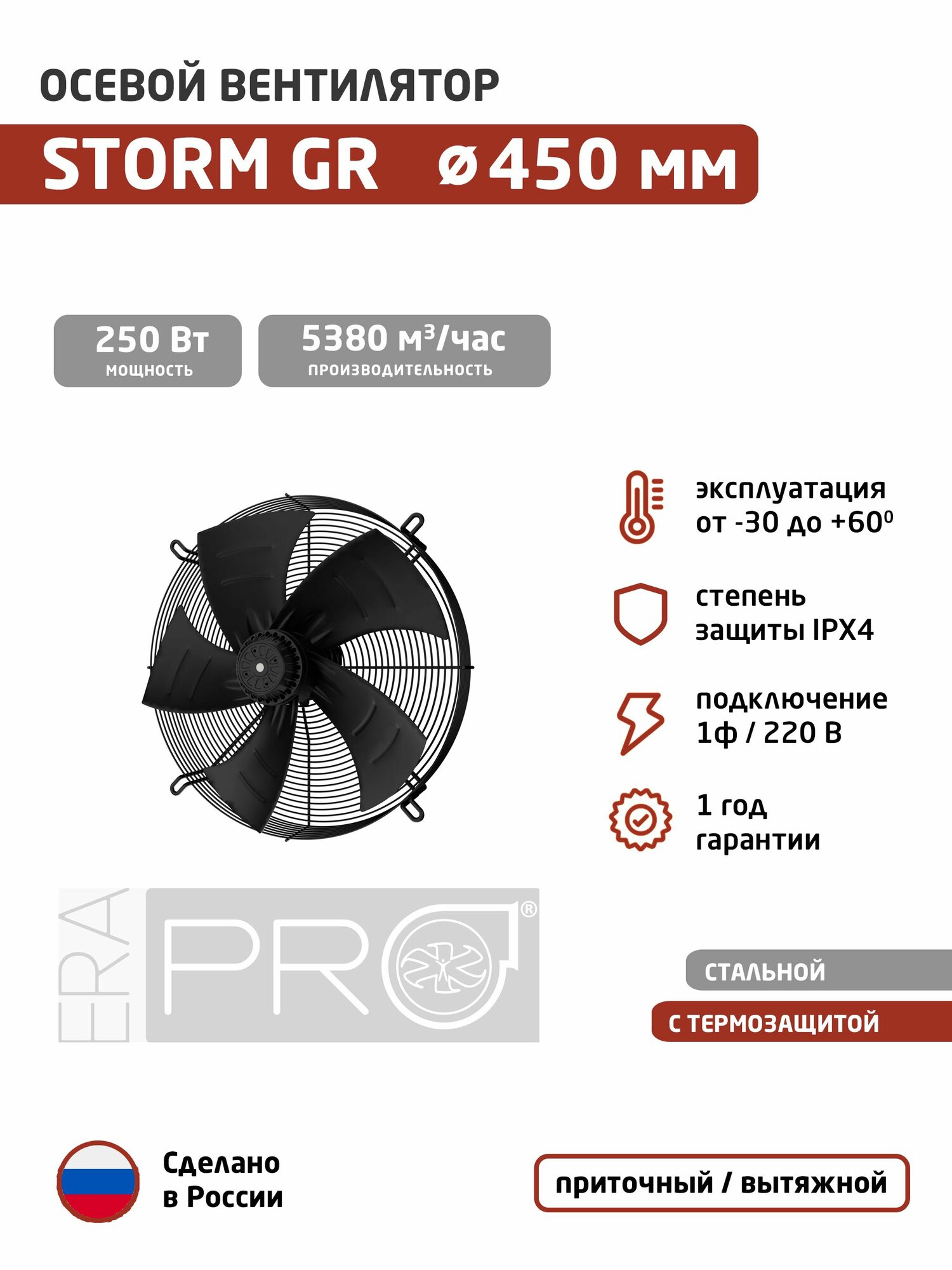 Вентилятор осевой с защитной решеткой STORM GR 450 4полюс ERA PRO (1ф/220, 250 Вт, 1350 об/мин, 5380 м3/час)