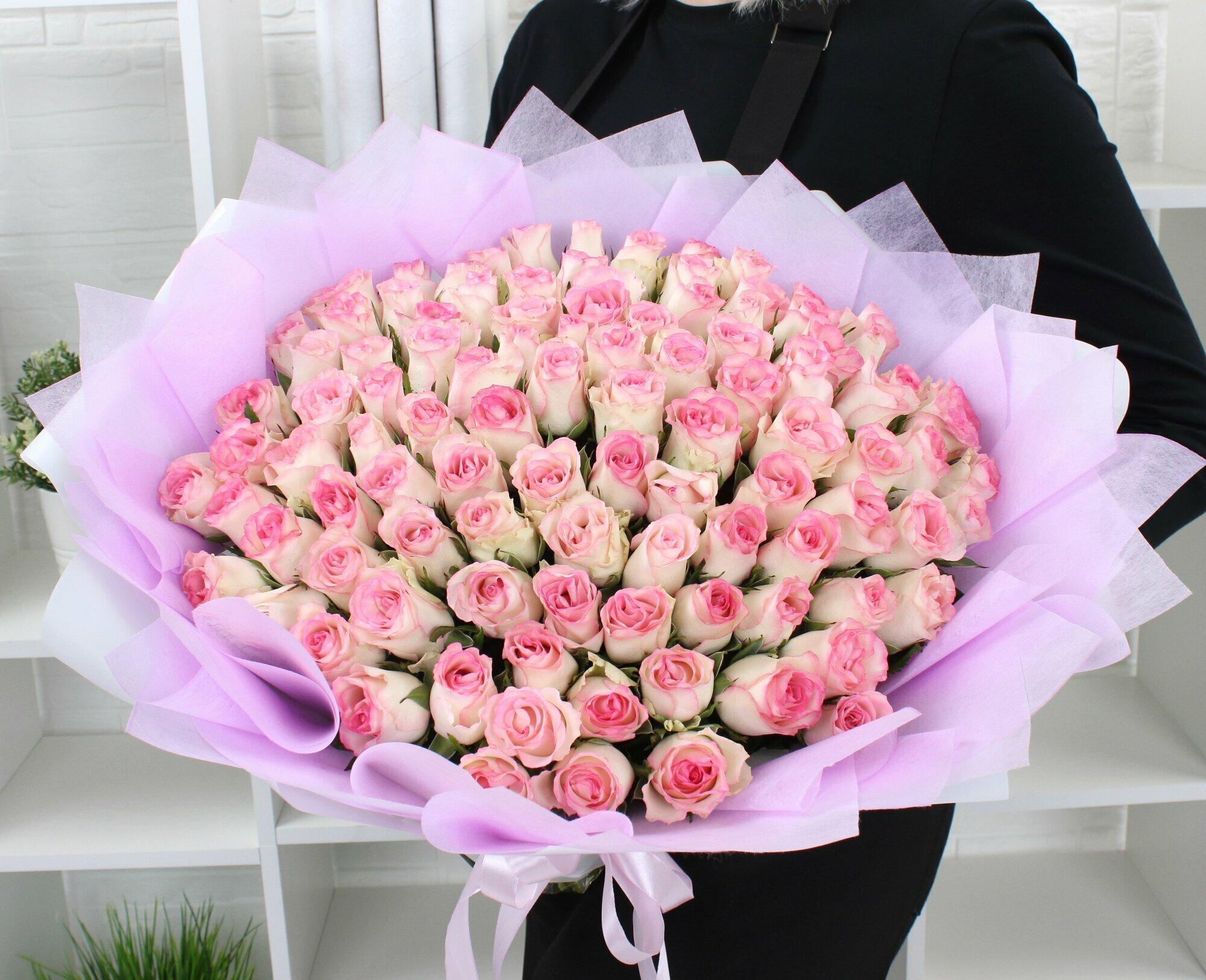 Монобукет THE FLOREAL бело-розовая роза 101 штука, высота 40 см, с бантом