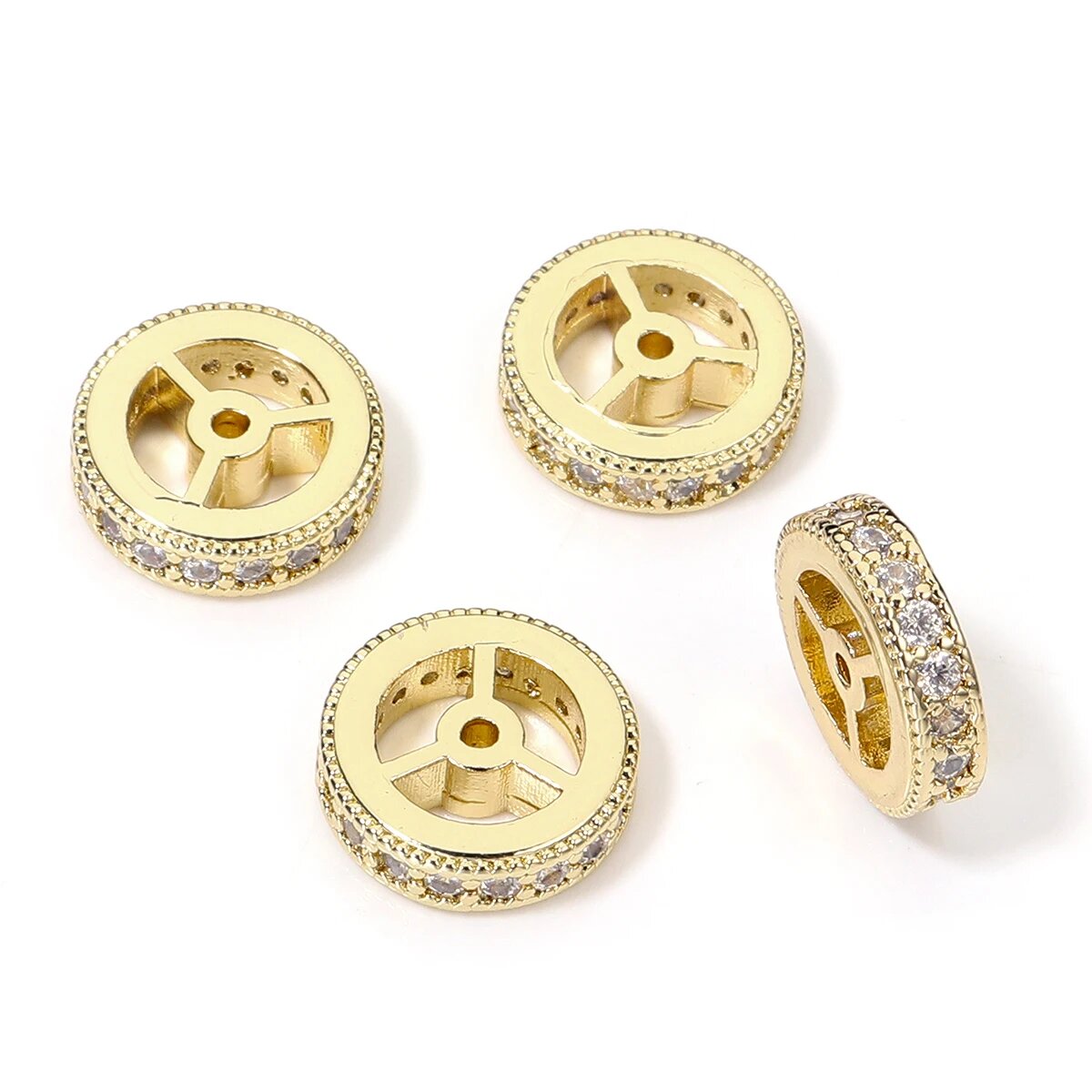 5 шт./лот, латунные цирконовые бусины в форме колеса, позолоченные плоские круглые свободные бусины-разделители для изготовления ювелирных изделий своими руками, ожерелье, браслет