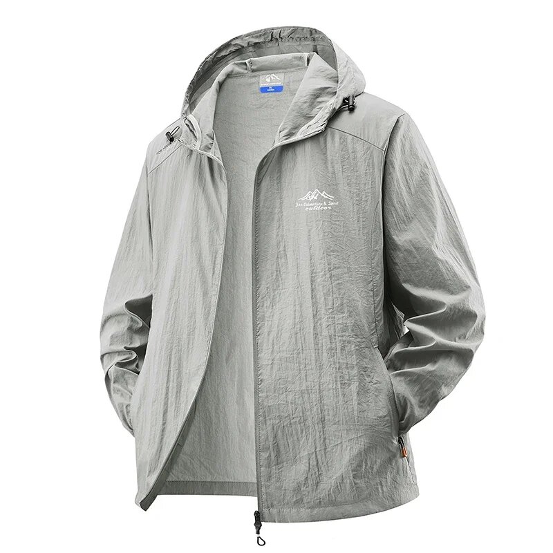 Мужская солнцезащитная куртка UPF 50+ — легкая уличная ветровка с капюшоном, дышащая и быстросохнущая для пеших прогулок, бега