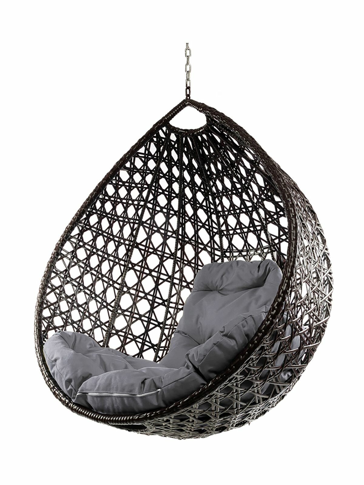 Подвесное кресло капля люкс (без стойки), с ротангом коричневое, серая подушка