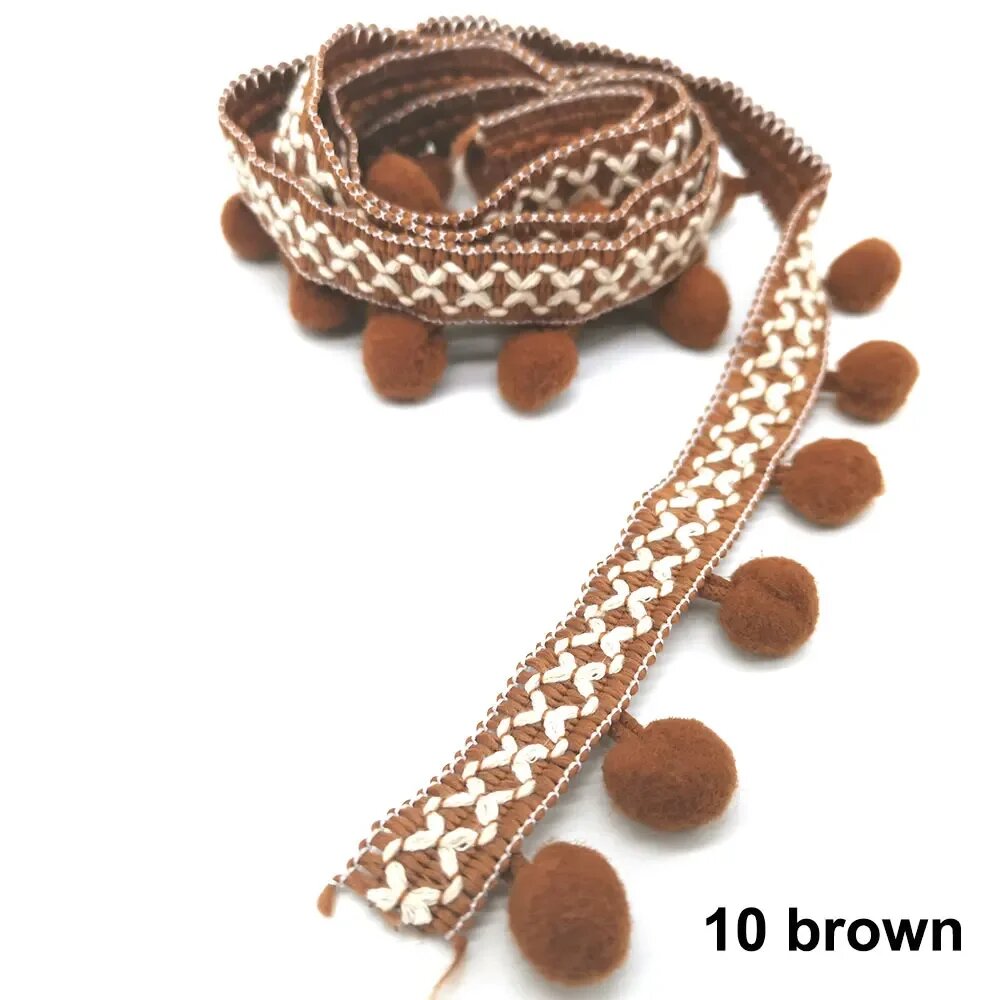 Кружевное полотно с помпонами, 1.5 см, Коричневый, 10 brown