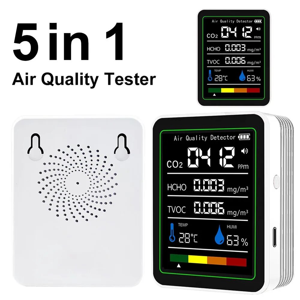 Монитор формальдегида 5 в 1, детектор CO2 и TVOC с цветовым индикатором, измерение HCHO, температуры и влажности, компактный монитор микроклимата для дома и офиса
