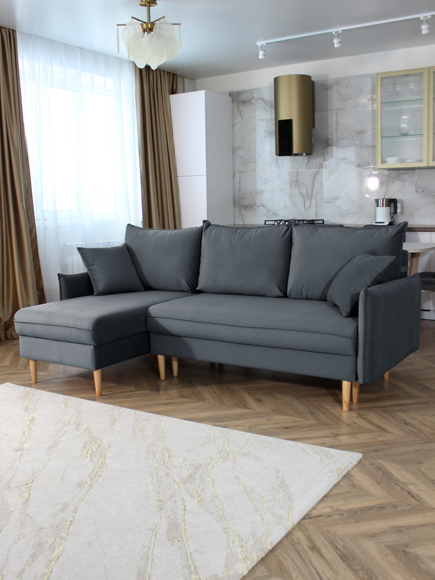 Диван-кровать угловой Фьорд с оттоманкой серый, левый угол, механизм Тик-так, 216х145х95 см