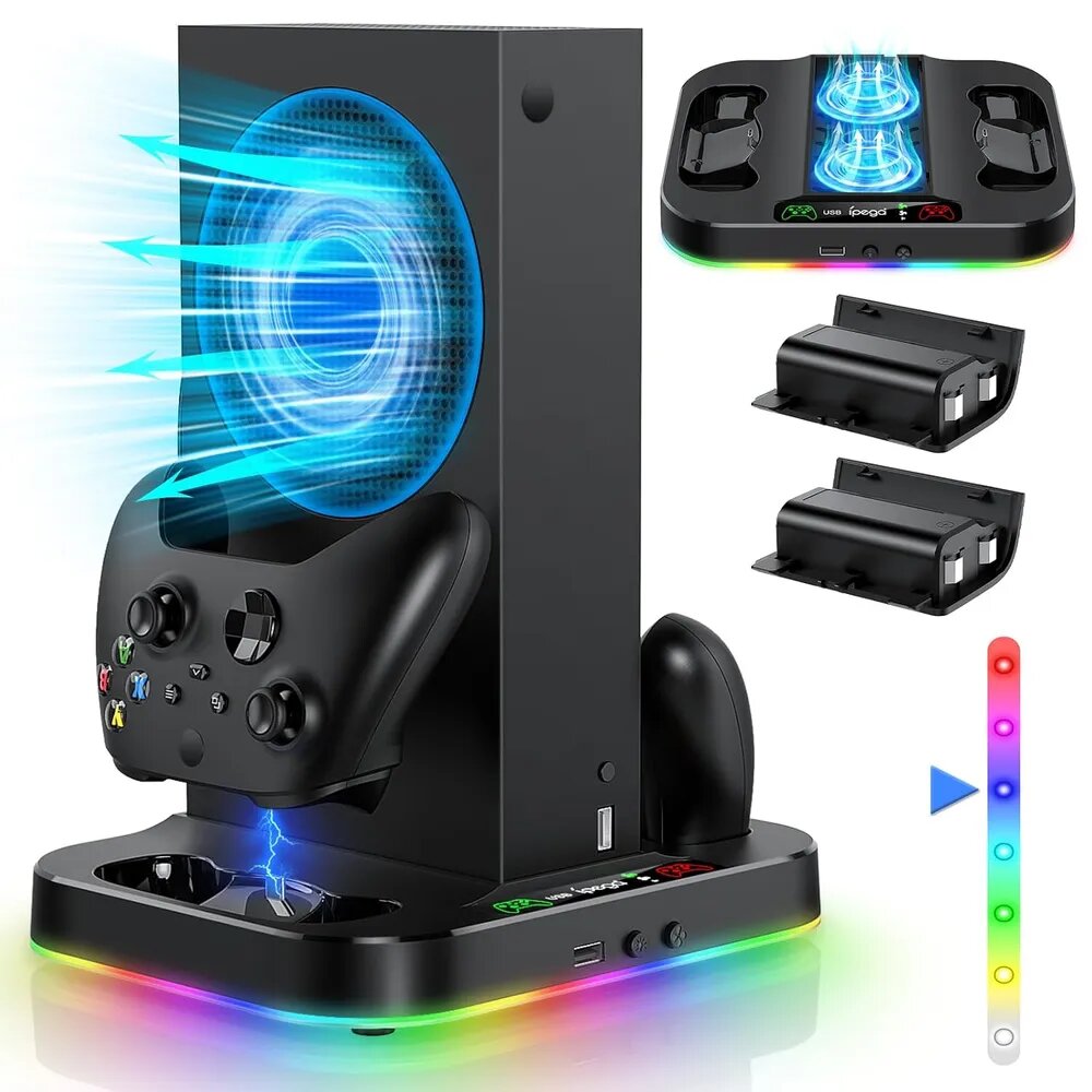 Охлаждающая стойка с вентилятором и RGB-подсветкой для Xbox Series S, Зарядная док-станция с 2 аккумуляторами 1400 мАч, 15 световых режимов, порт USB 2.0