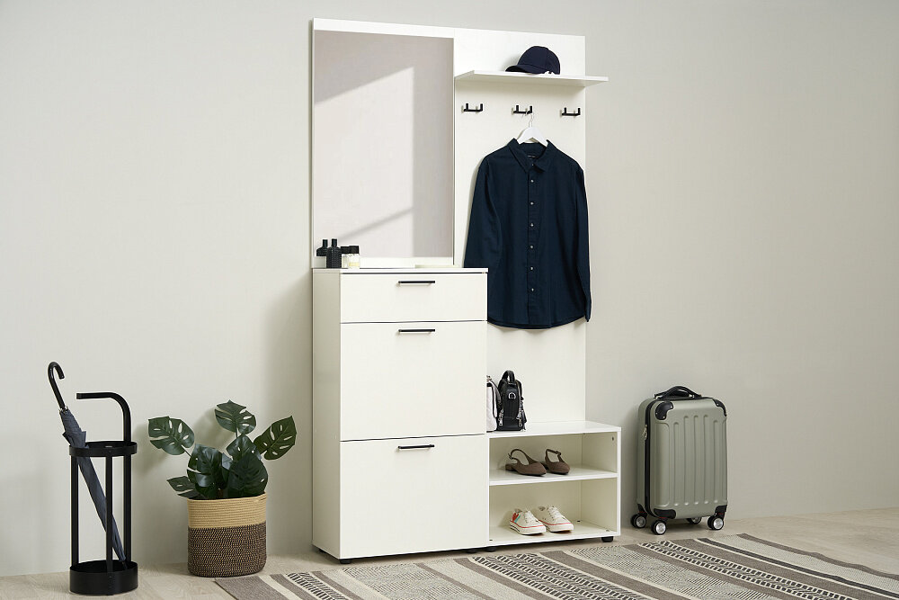Модульная прихожая, стенка, вешалка, обувница, зеркало, тумба, Монтана, 120х210х35 см, ЛДСП, Цвет белый