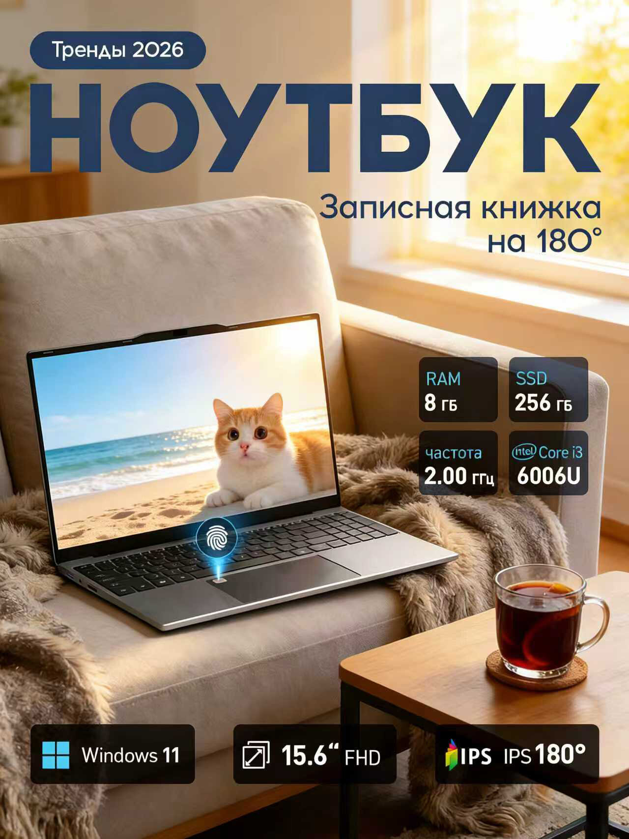 Ноутбук для работы и учебы,15.6" RAM 8 ГБ, SSD 256 ГБ, IPS Full HD 1920x1080, Intel® Core™ i3-6006U（2.00 ГГц）Windows 11
