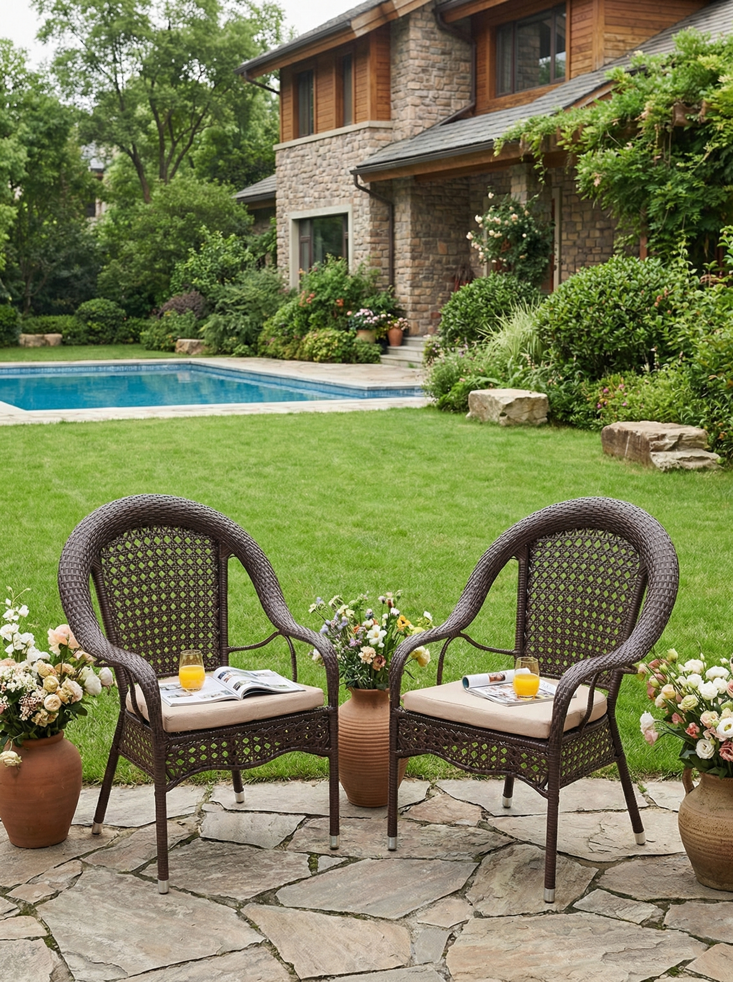 Кресло из искусственного ротанга Шампань (Champagne), шоколад, подушка бежевая, 2 шт.