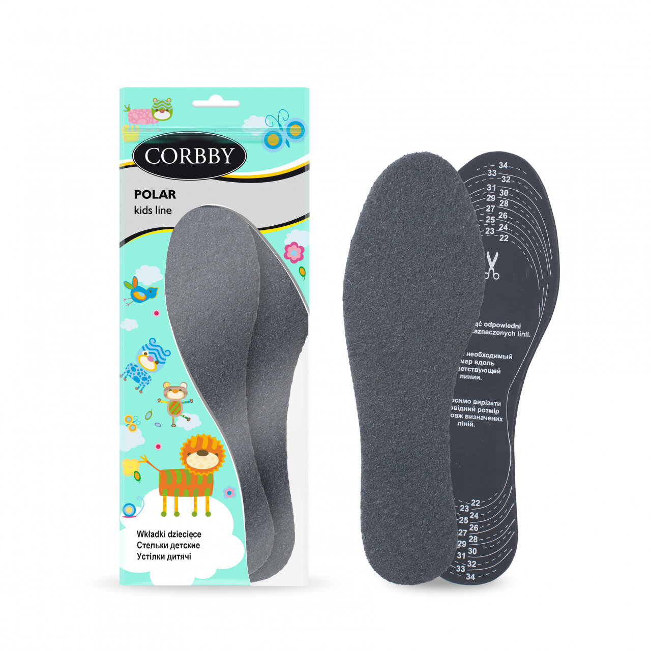 Corbby Стельки детские вырезные зимние "POLAR" (флис+латекс+уголь). Размер 22-35