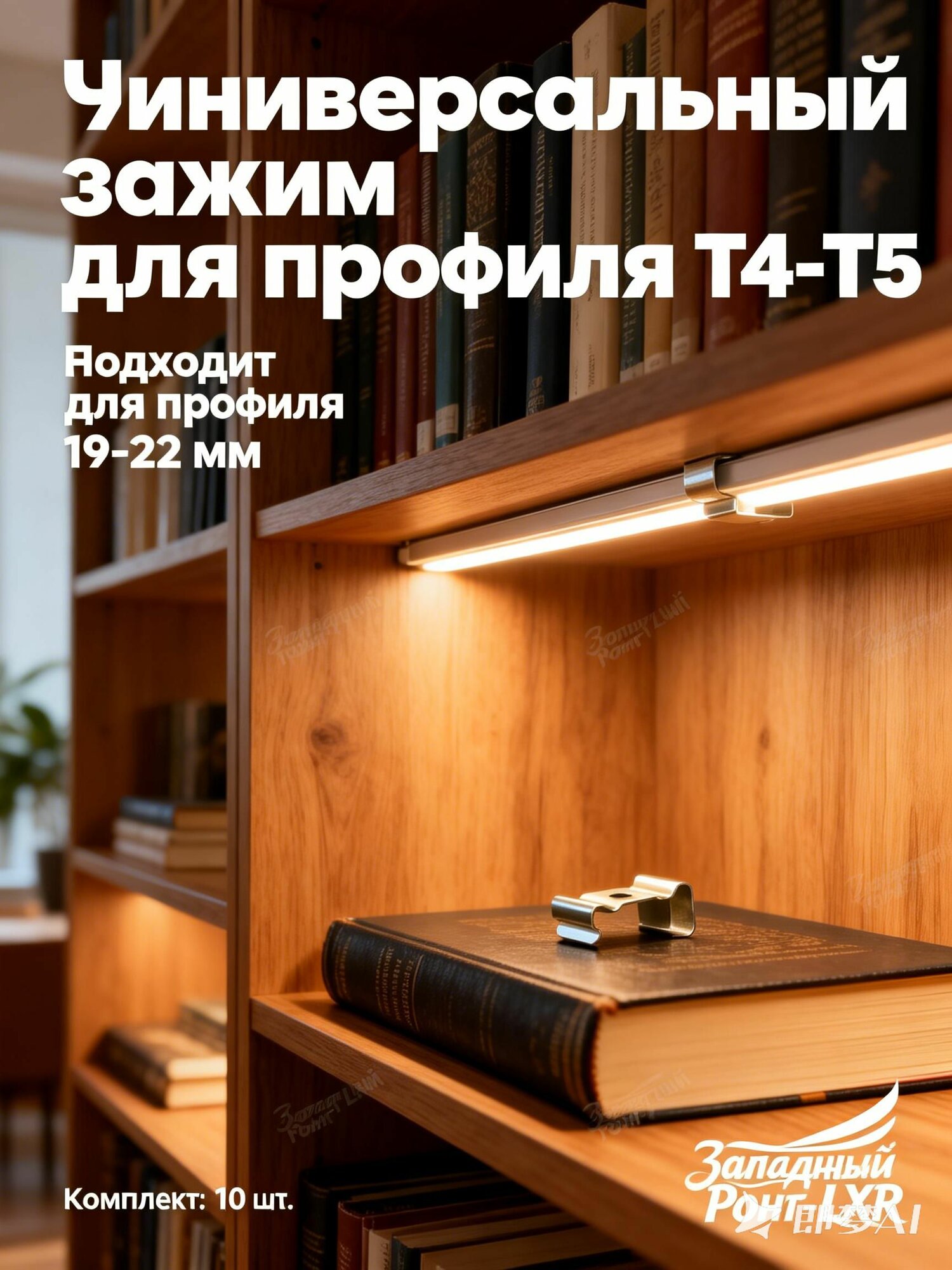 Клипса крепежная Т4-Т5 22х07мм, 10шт, металлическое крепление скоба держатель для профиля LED ленты, фитолампы, светодиодного линейного светильника Т4-Т5, корпуса люминесцентной лампы шириной 19-21мм