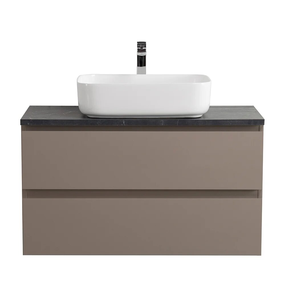 Тумба с раковиной BelBagno Kraft 100 подвесная, 100 см, со столешницей, бежевая, матовая, с отверстием под смеситель, из МДФ, с ящиками, раковина для ванной, фаянсовая, прямоугольная