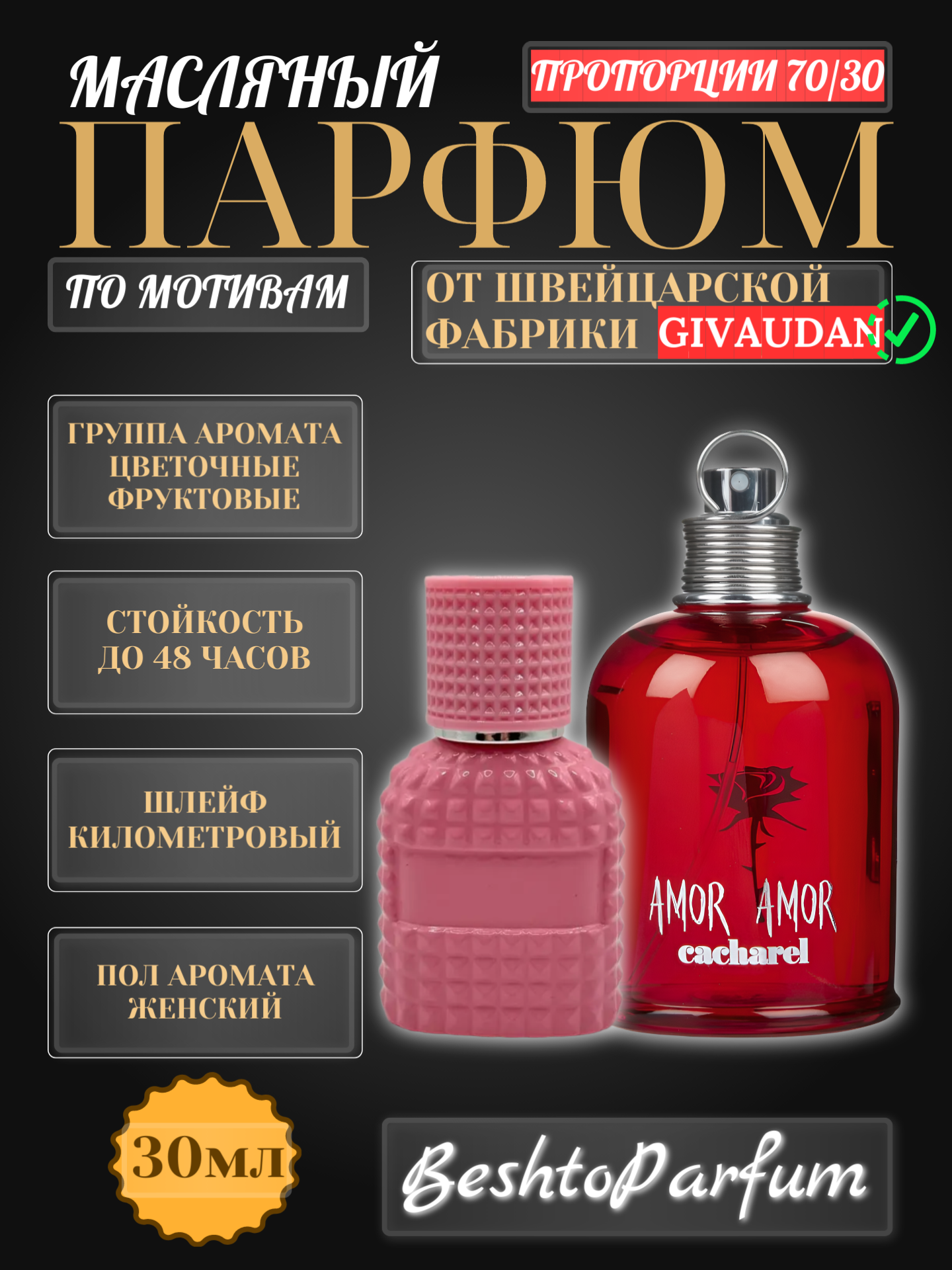 Масляные духи по мотивам Cacharel Amor Amor — стойкий сладкий фруктово-цветочный аромат / 30мл