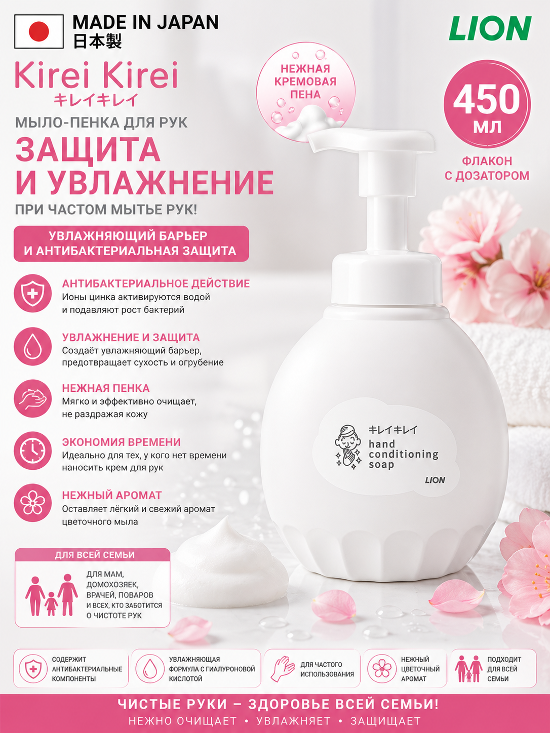 Мыло пенка для рук с дозатором KireiKirei антибактериальное цветочное мыло 450 мл