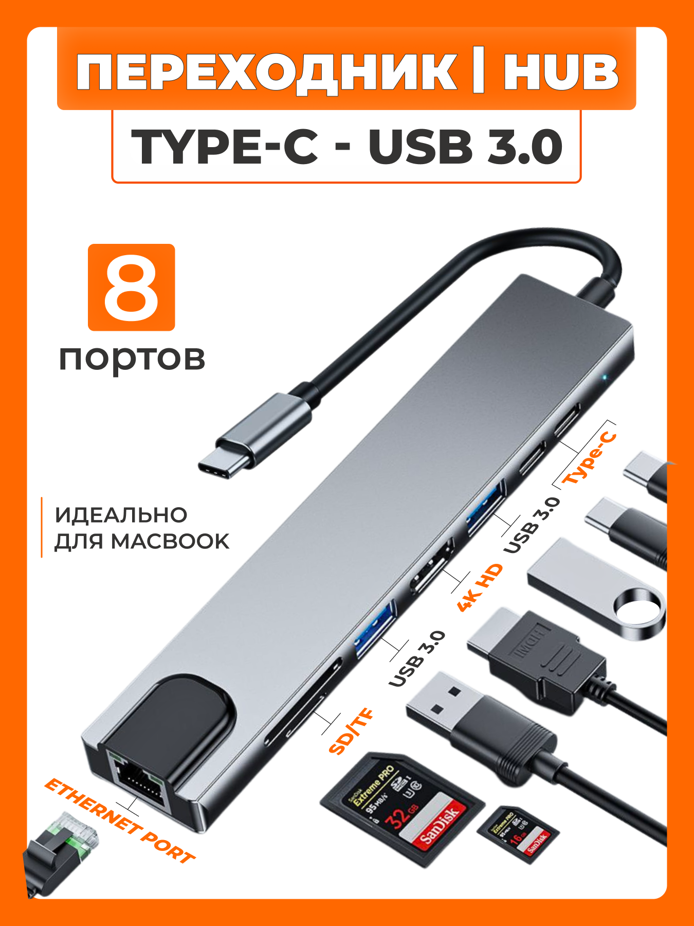USB концентратор на 8 портов, хаб переходник для HDMI, Type-C, USB, SD, micro SD, Ethernet RJ45 к компьютеру и ноутбуку