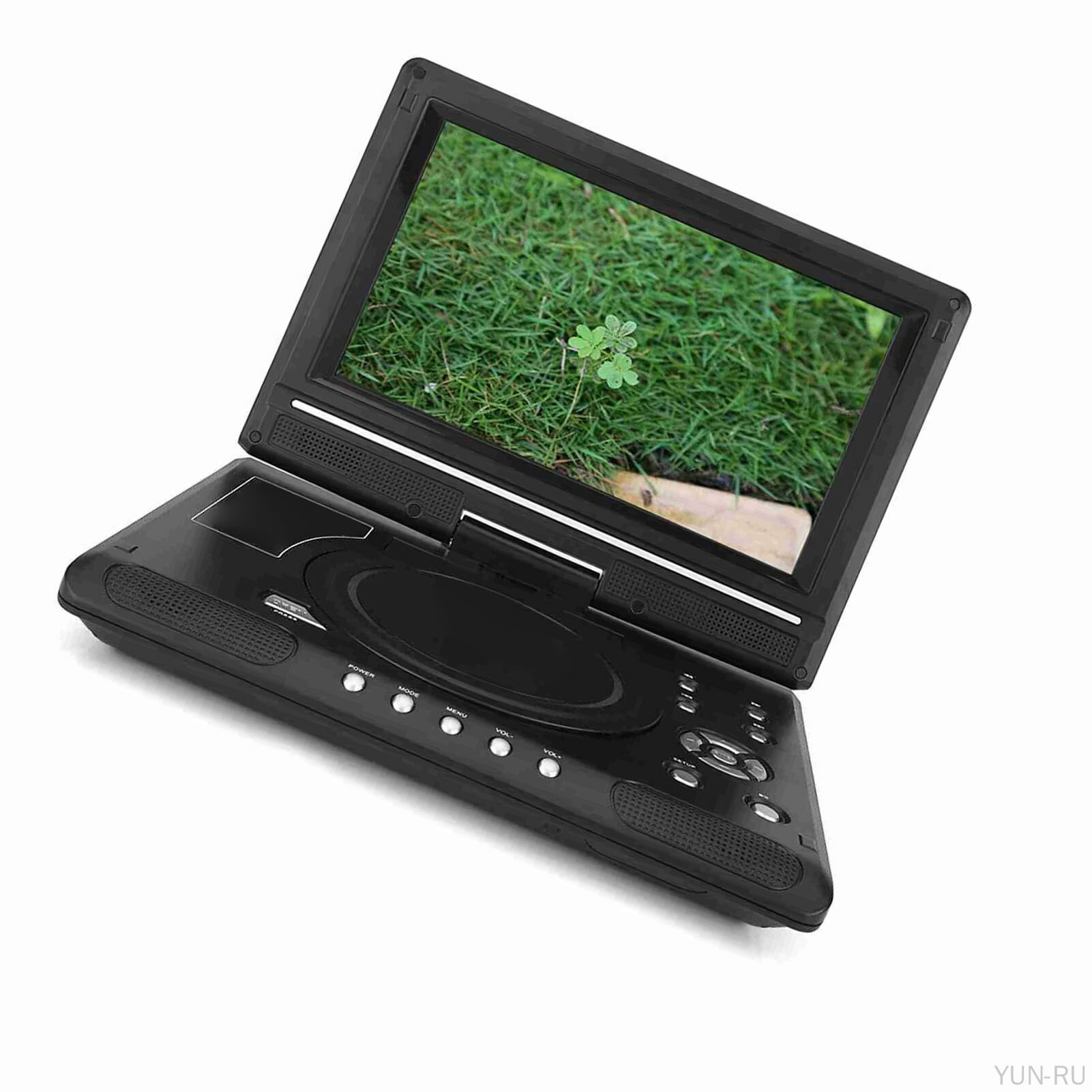 Портативный DVD плеер черного цвета с 9-дюймовым LCD экраном, игровой консолью, ТВ-тюнером, FM радиоприемником, поддерживающий AVI, EVD, DVD, SVCD,