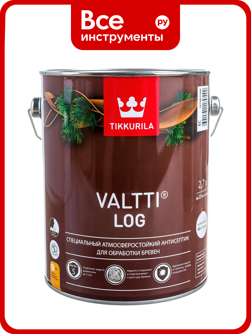 Антисептик Tikkurila VALTTI LOG специальный для бревен, атмосферостойкий, бесцветный 2,7л 51836 700010346