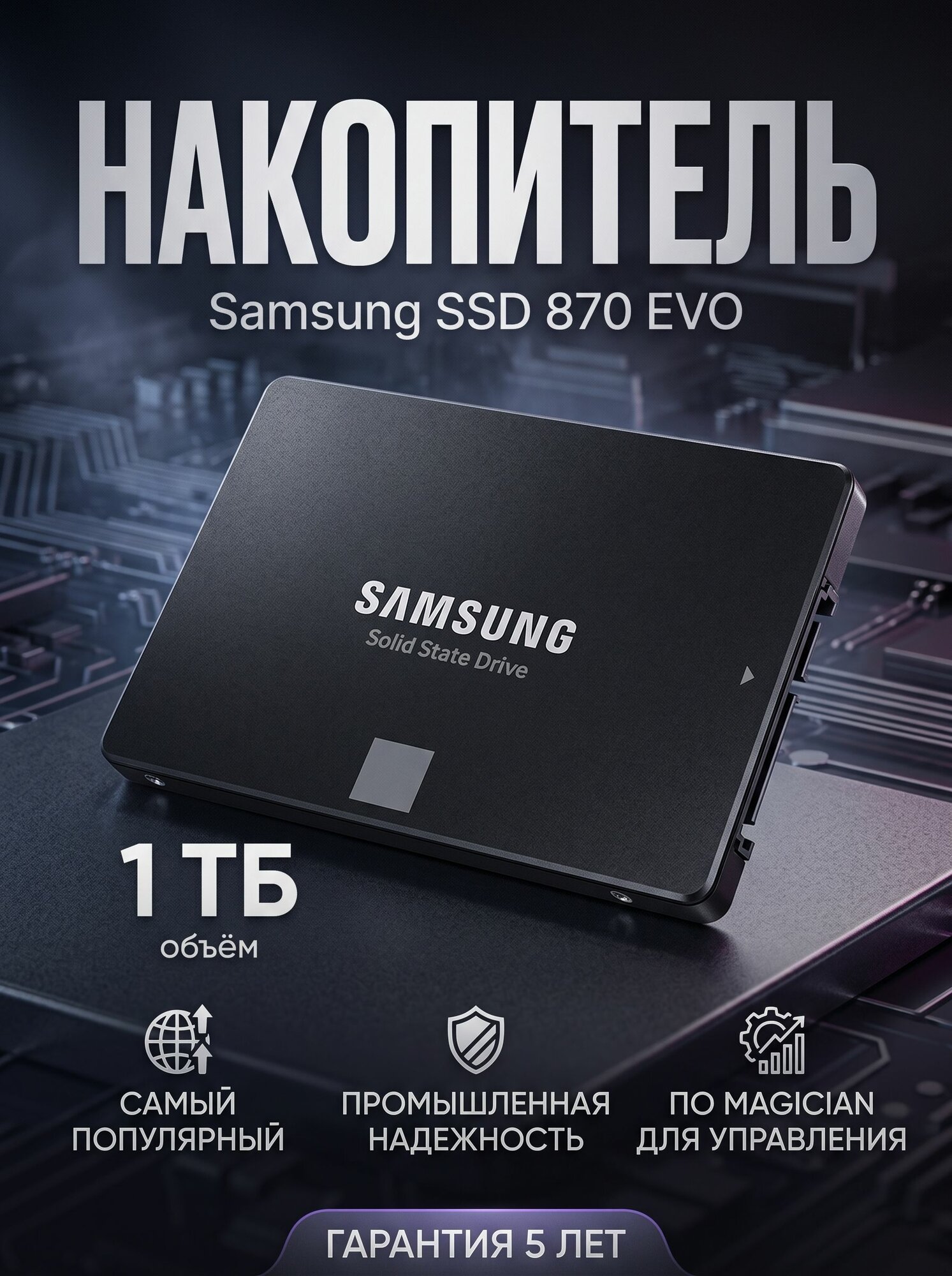 1 ТБ Внутренний SSD диск Samsung 870 EVO 2.5" SATA3 6.0 Гбит/с (MZ-77E1T0BW)