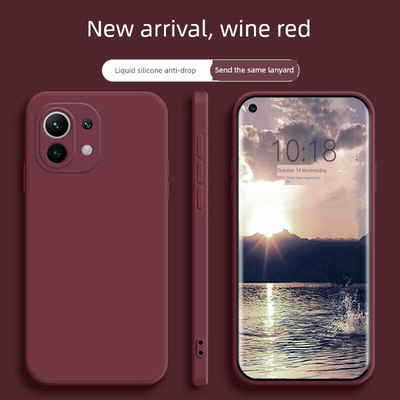 Жидкий силиконовый чехол для Xiaomi 11 - Цвет винно-красный, узкий дизайн, включая защитное стекло и жидкую ленту