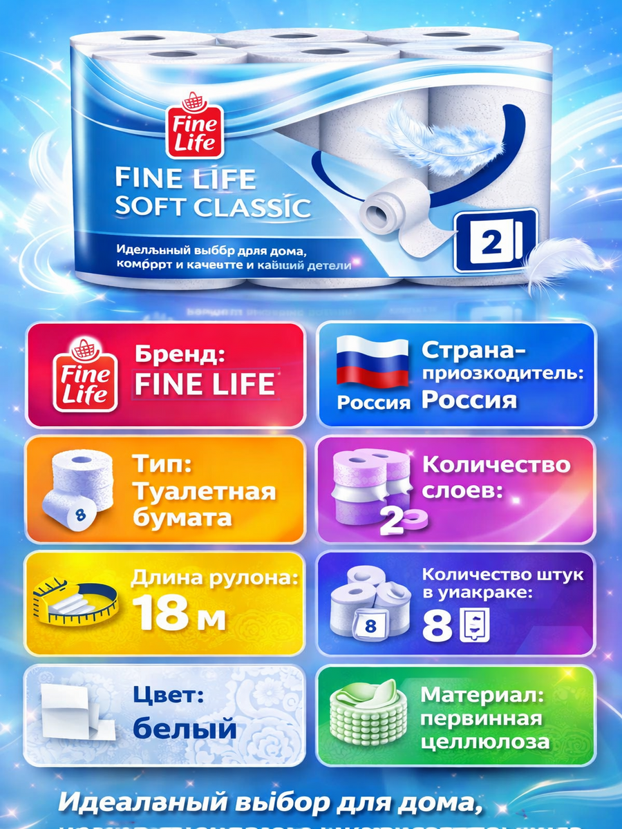 Fine Life Бумага туалетная Soft Classic белая 2 слоя 8 рулонов