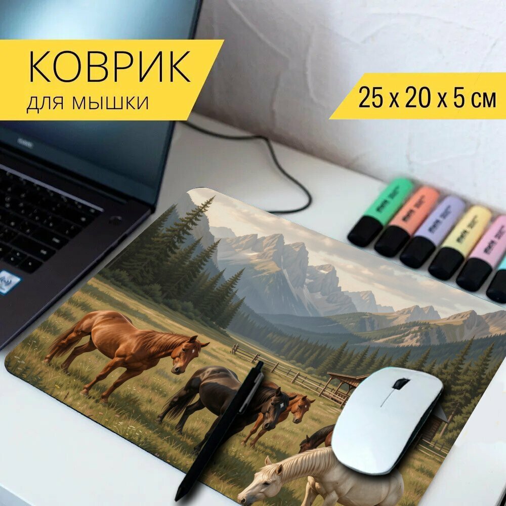 Коврик для мыши с принтом "Лошади у горного домика. Живописная альпийская долина с табуном лошадей на лугу, деревянным домом у леса и величественными вершинами на фоне." 25x20см.