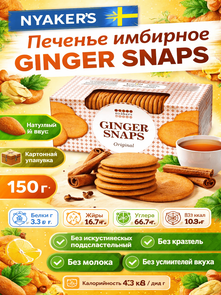 Печенье имбирное Nyakers Ginger Snaps Original, 150г