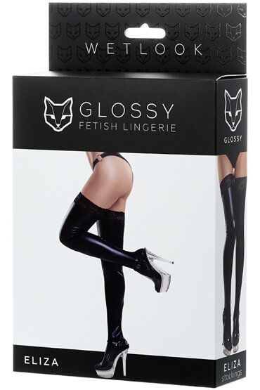 45051 Glossy Eliza Stockings, черные. Чулки из материала Wetlook со вставкой из кружева. Размер S