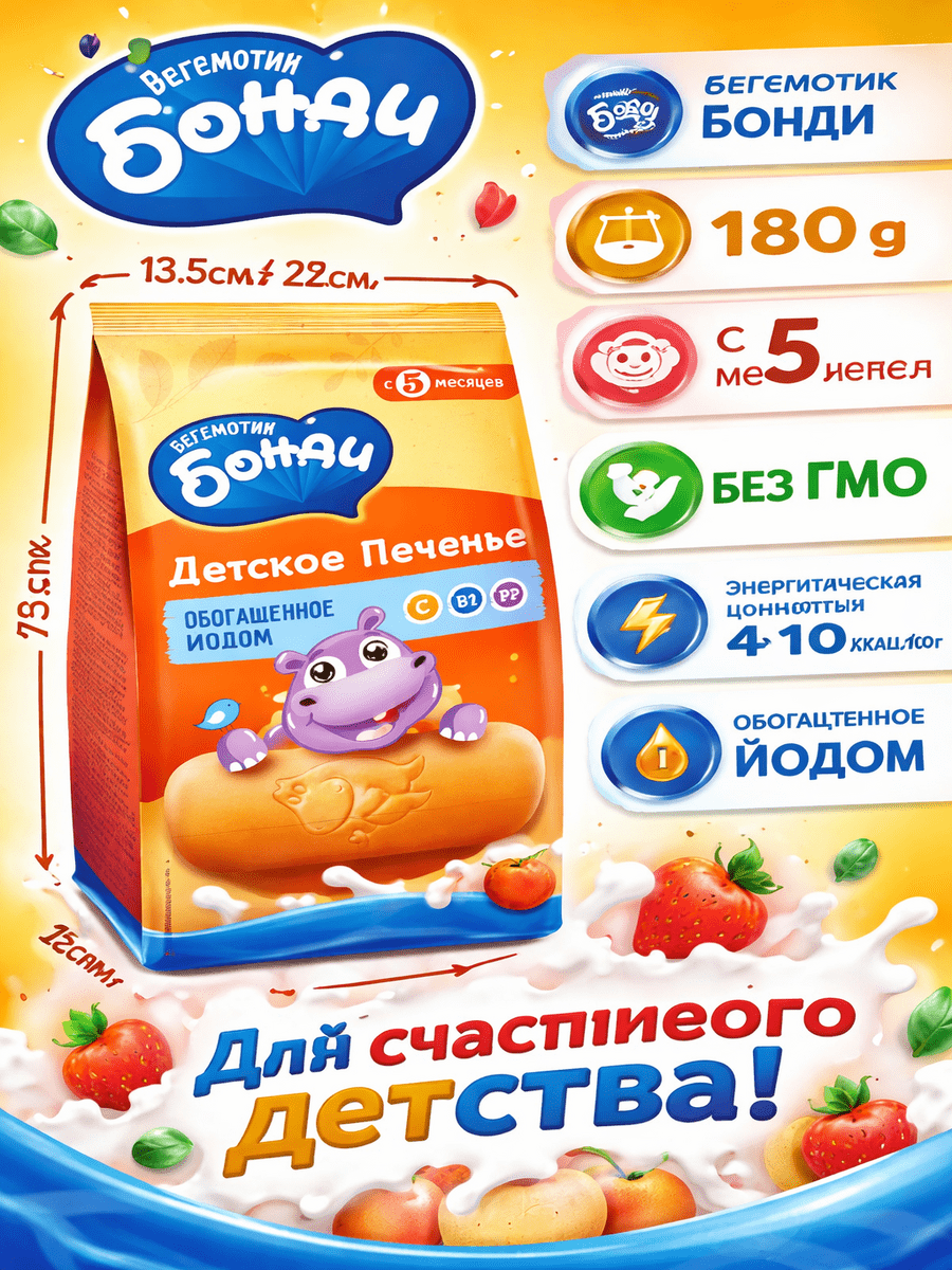 Печенье детское Бегемотик Бонди обогащенное йодом с 5 месяцев, 180г