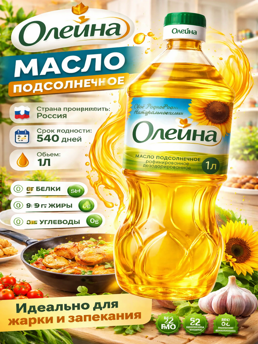 Масло подсолнечное Олейна рафинированное дезодорированное, 1л