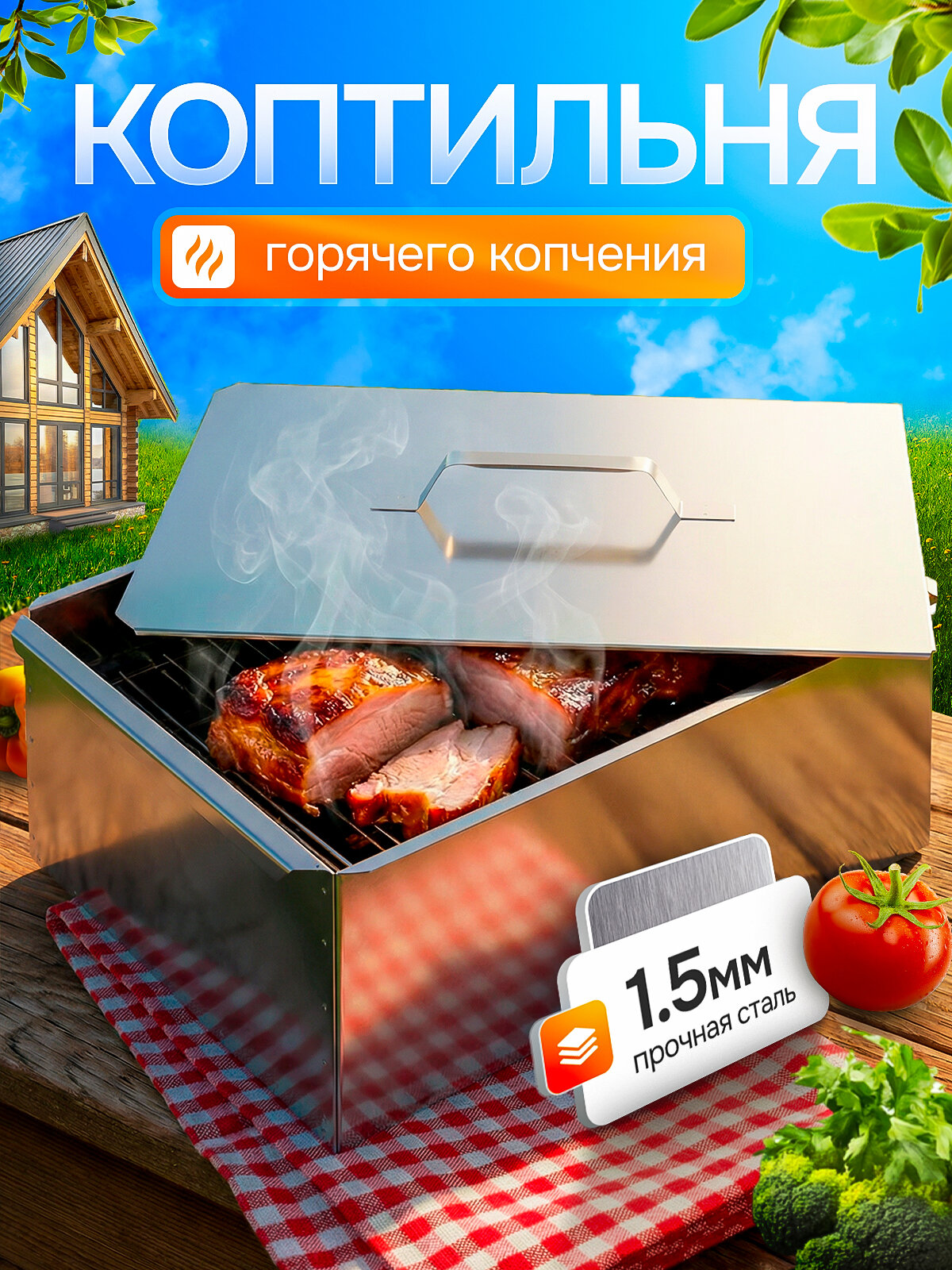 Коптильня горячего копчения двухъярусная с поддоном для сбора жира 16 литров из стали для рыбы, для мяса, для дачи