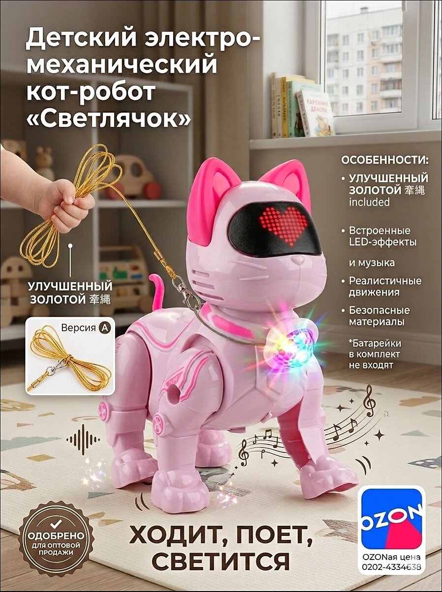 Интерактивная игрушка "Кошка на поводке", ходит и поёт, датчик звука, ABS пластик