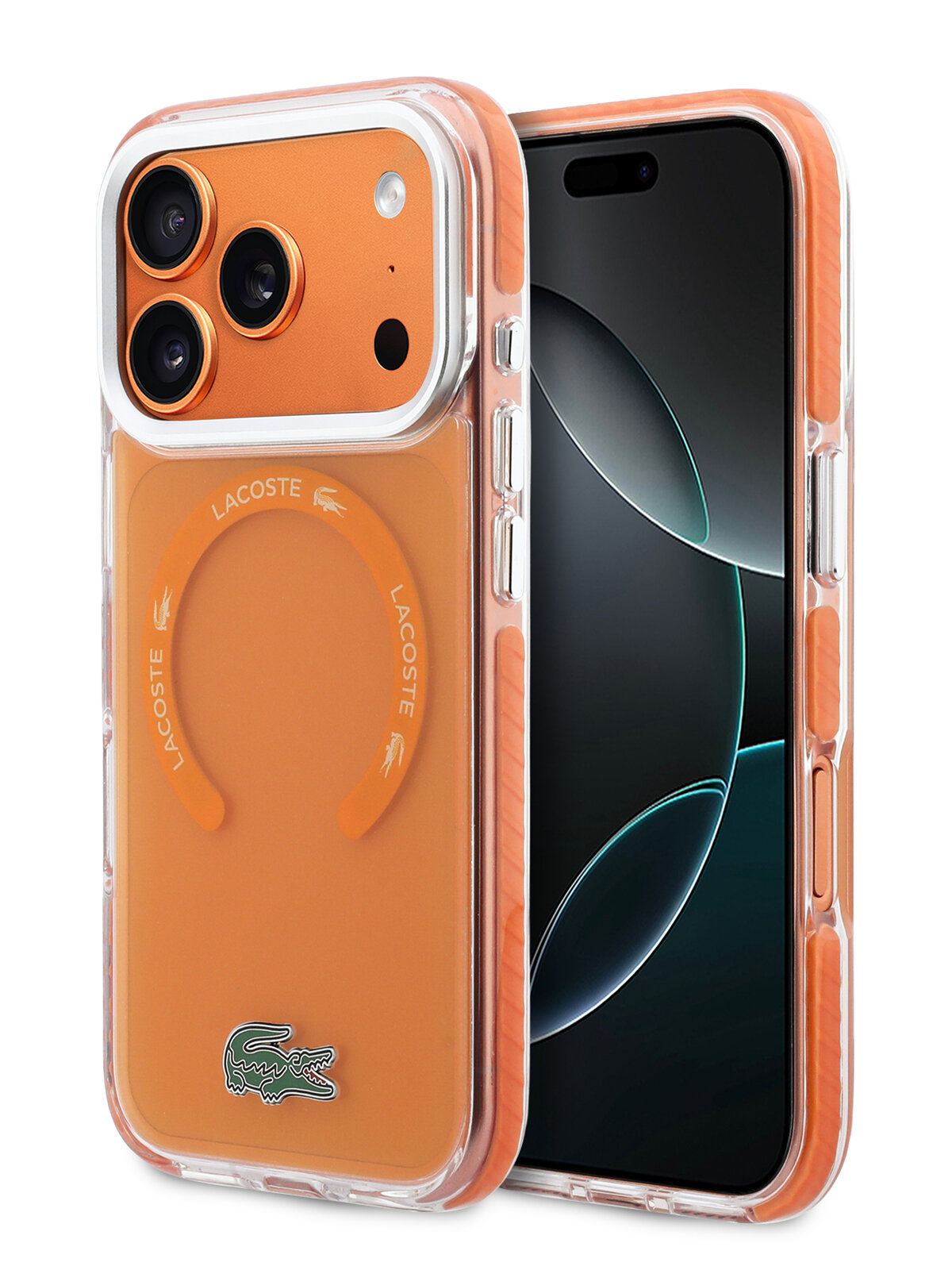 Чехол Lacoste на iPhone 17 Pro, с магнитами MagSafe, с защитной функцией ShockProof, оранжевый