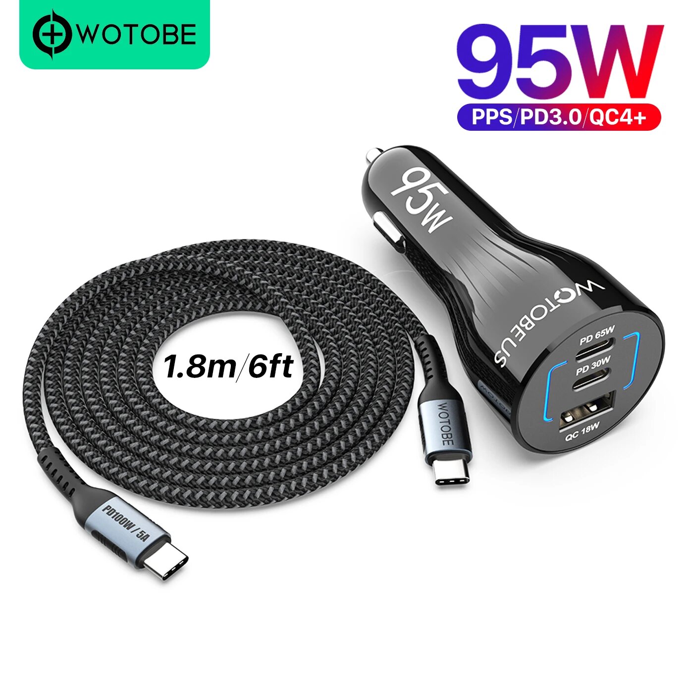Автомобильное зарядное устройство WOTOBE 95W USB-C с кабелем 1.8м