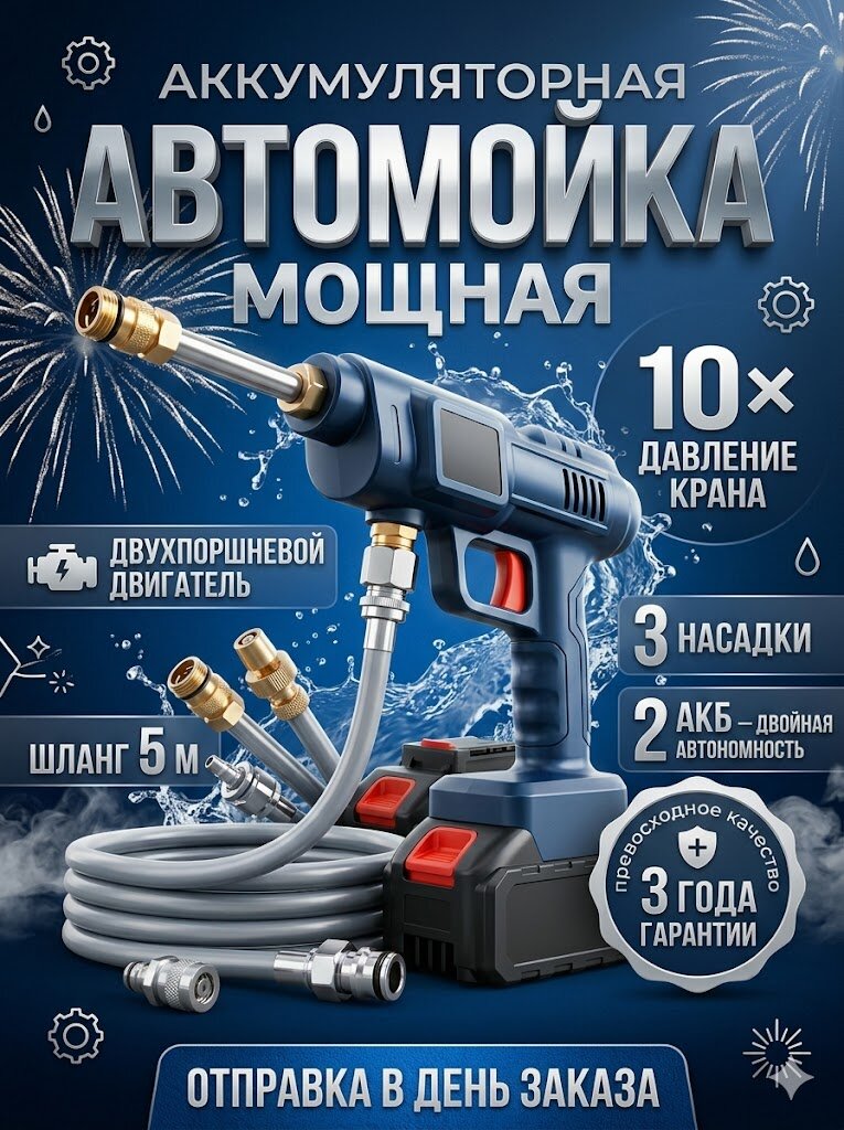 Мойка высокого давления аккумуляторная для автомобиля, Автомойка, в кейсе 2 аккумулятора, 3 насадки
